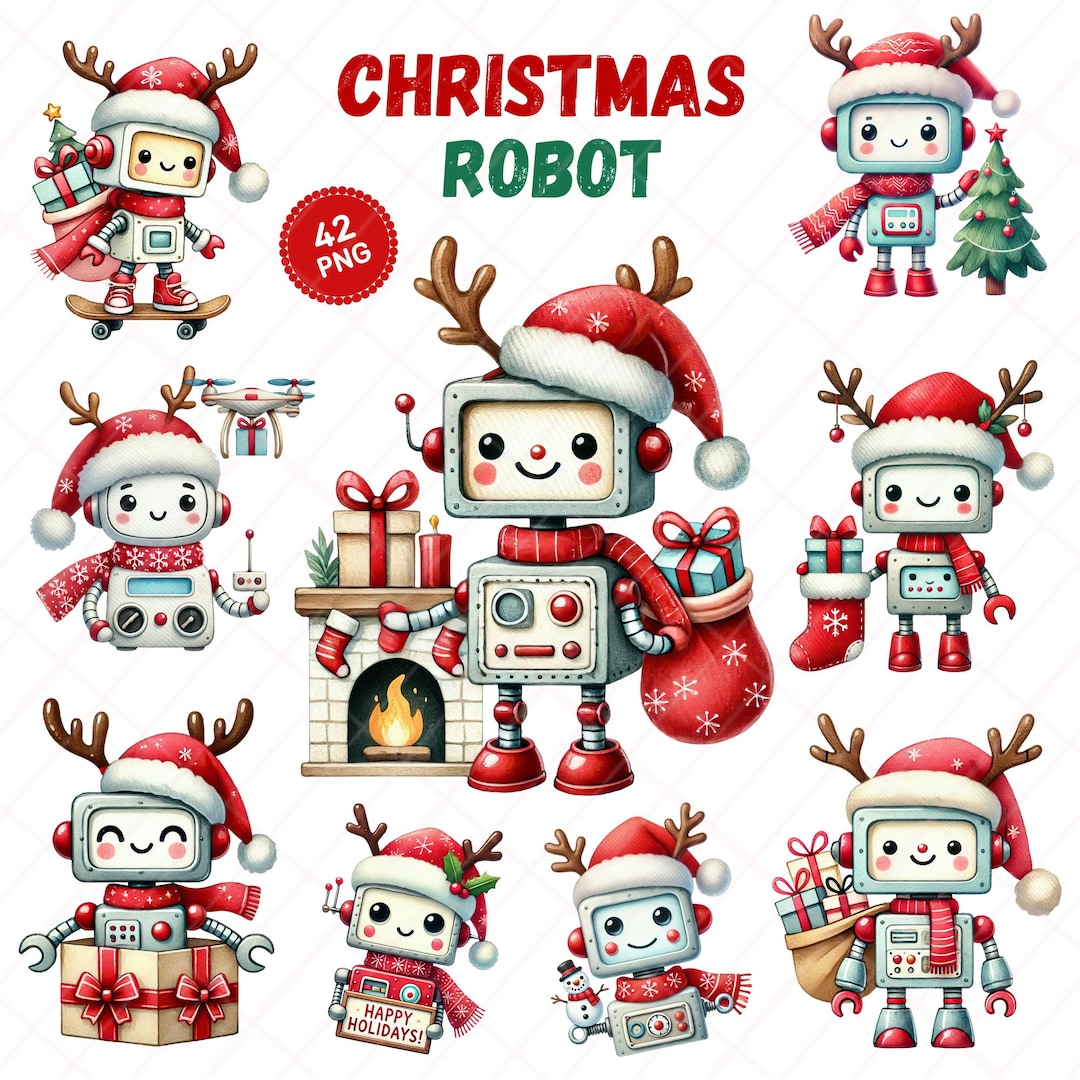 Funny Christmas Robot Clipart Set With Santa Hats, Reindeer Antlers ...