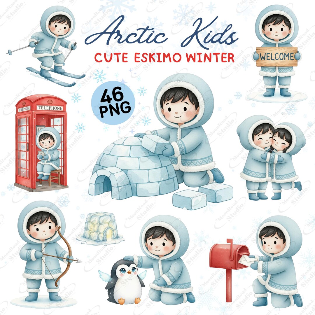 Arctic Kids Clipart Bundle: Winter Eskimo Children, Igloo & Penguin PNG ...