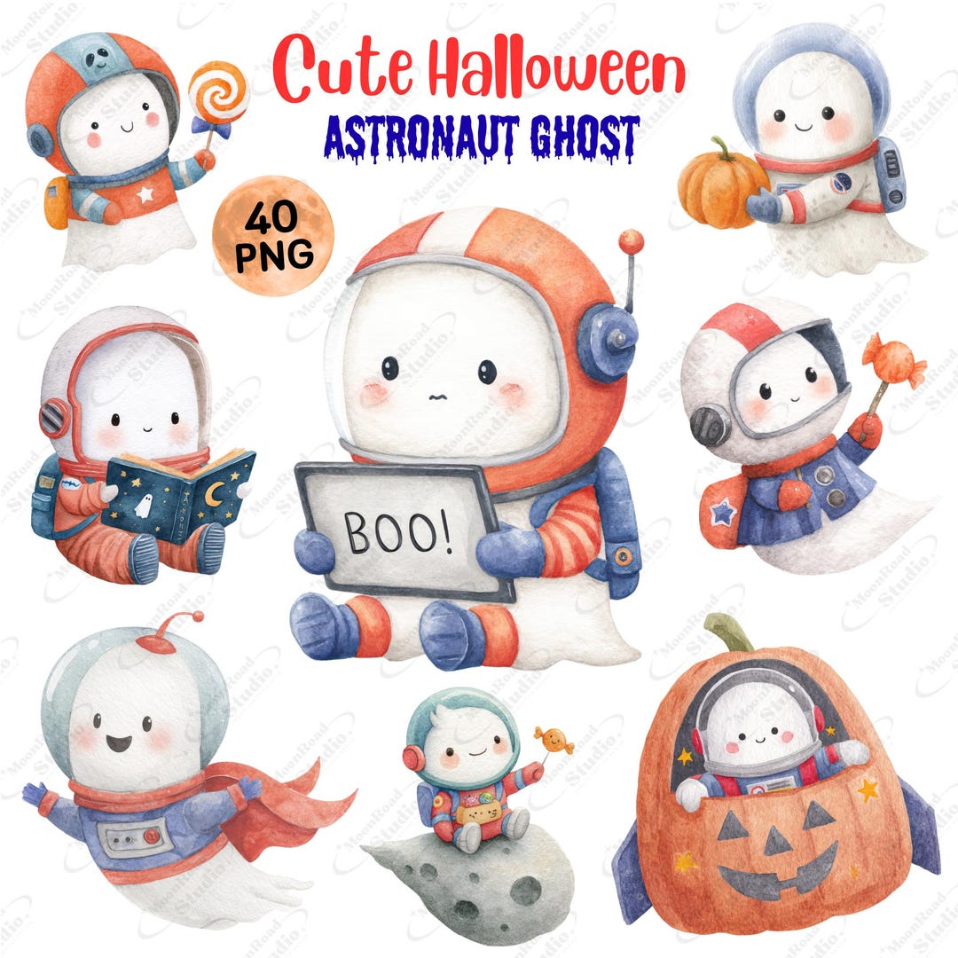 Watercolor Ghost Clipart: Astronaut Halloween PNG, Outer Space Stickers ...