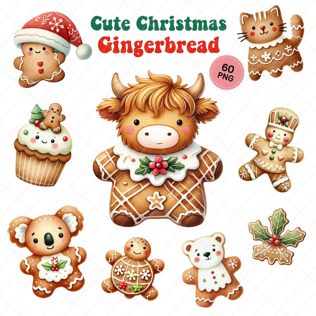 Cute Christmas Gingerbread Clipart Set, Kawaii Festive Animal Cookie ...