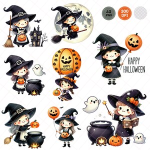 Cute Halloween Witch Clipart, Adorable Halloween Digital Stickers for ...