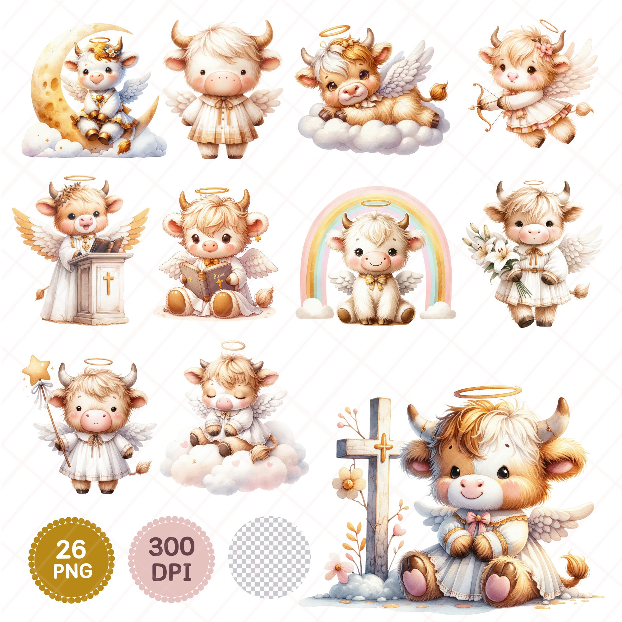 Cute Highland Angel Cow Clipart, Adorable Heifer in Heaven, Digital for ...