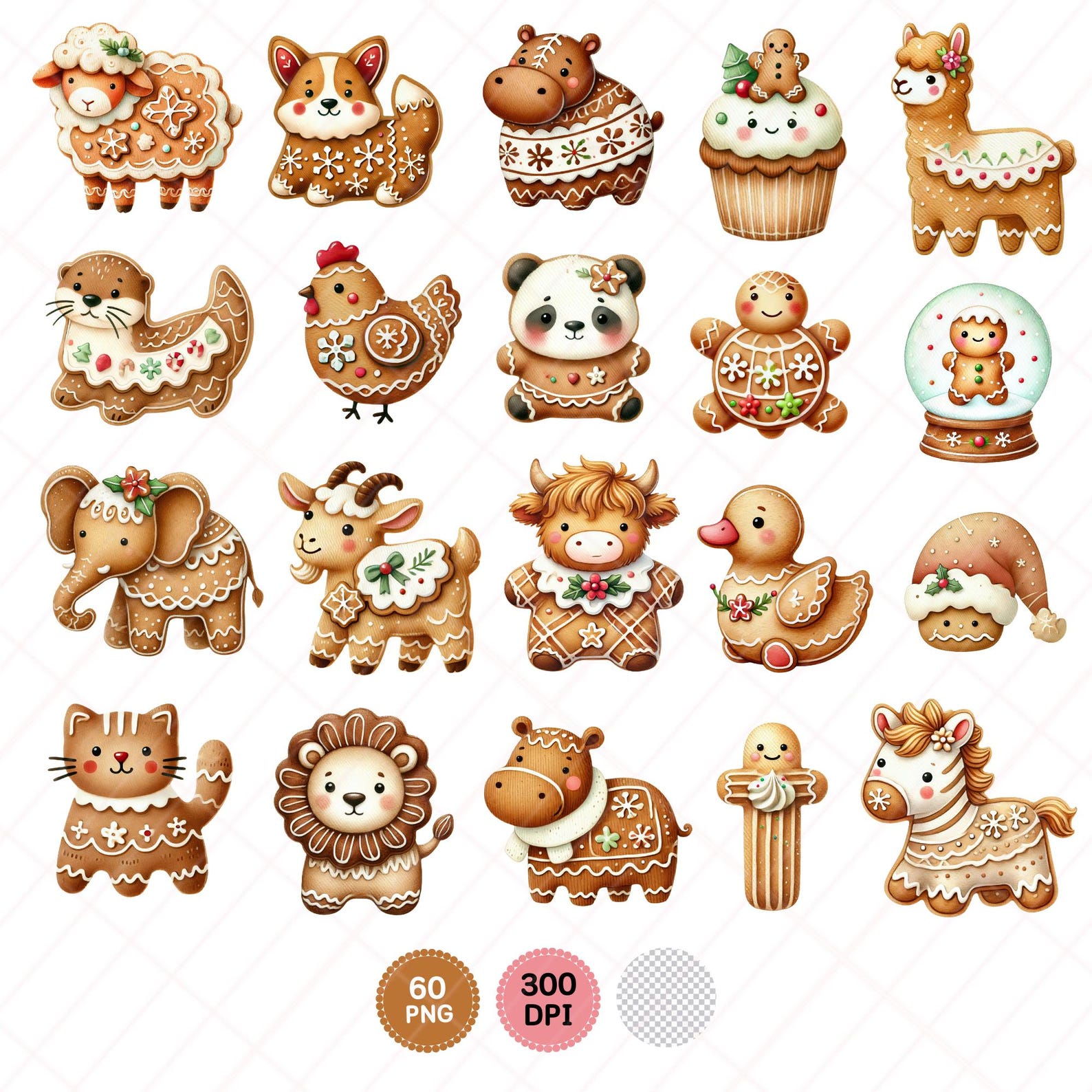 Cute Christmas Gingerbread Clipart Set, Kawaii Festive Animal Cookie ...