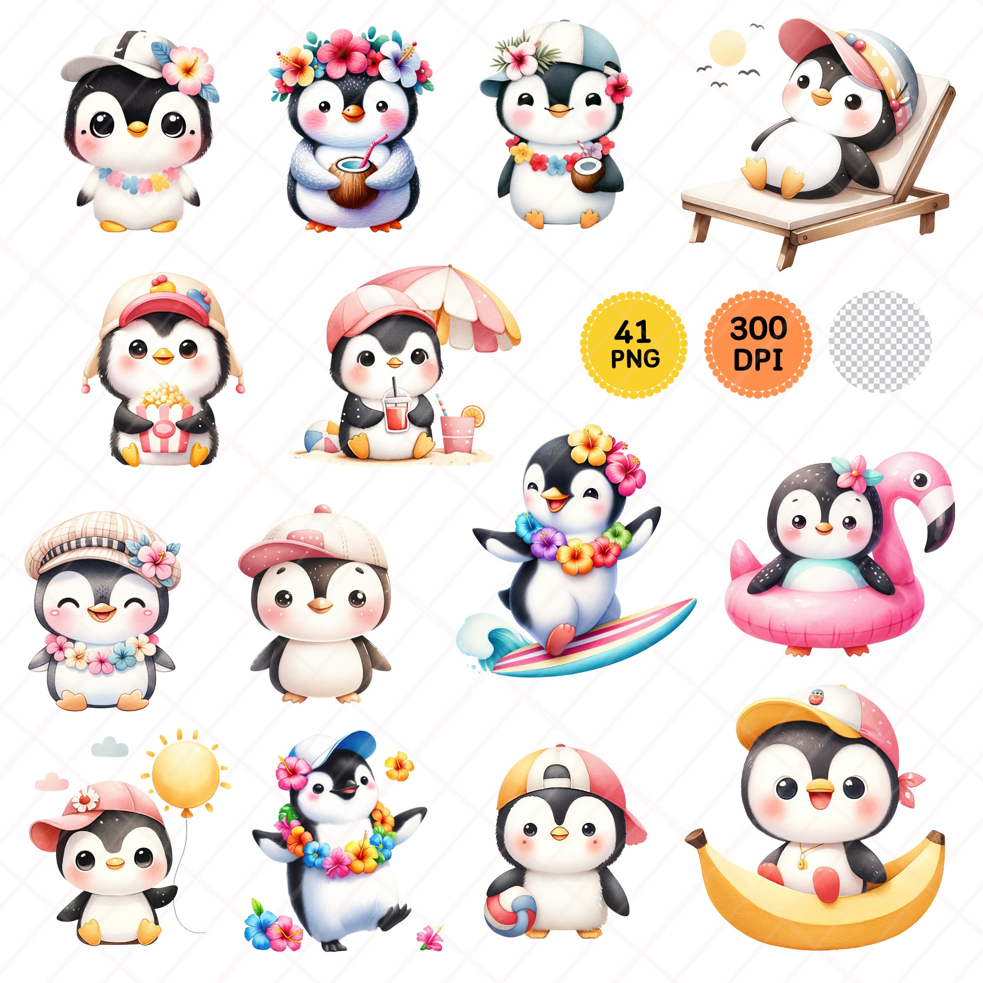 Summer Penguin Clipart, Cute Tropical Penguin Illustrations for ...
