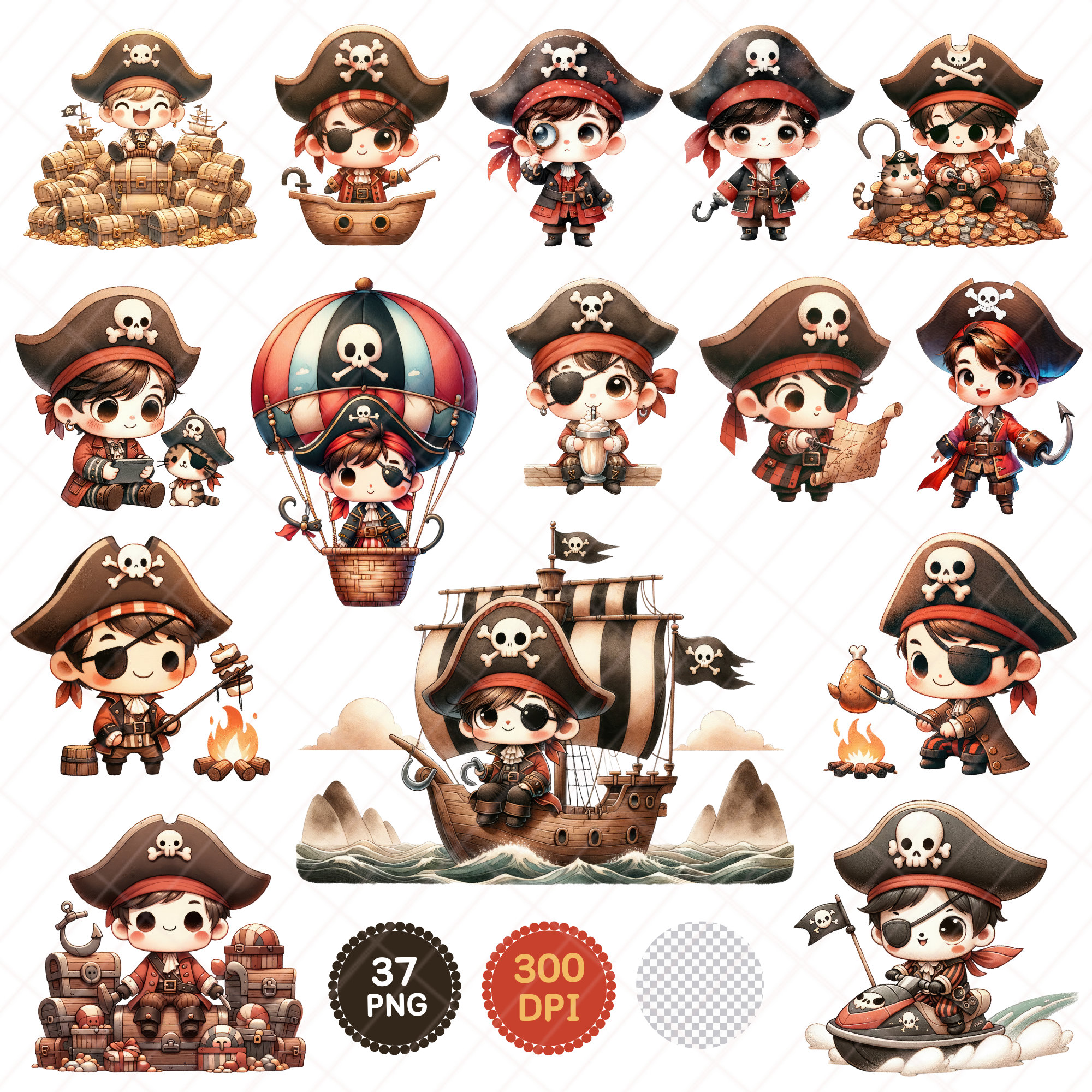 Cute Pirate Crew Collection for Kids, Pirate Adventure Clipart Set ...
