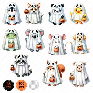 Adorable Animals in Ghost Costumes With Pumpkins Halloween Design, Cute ...
