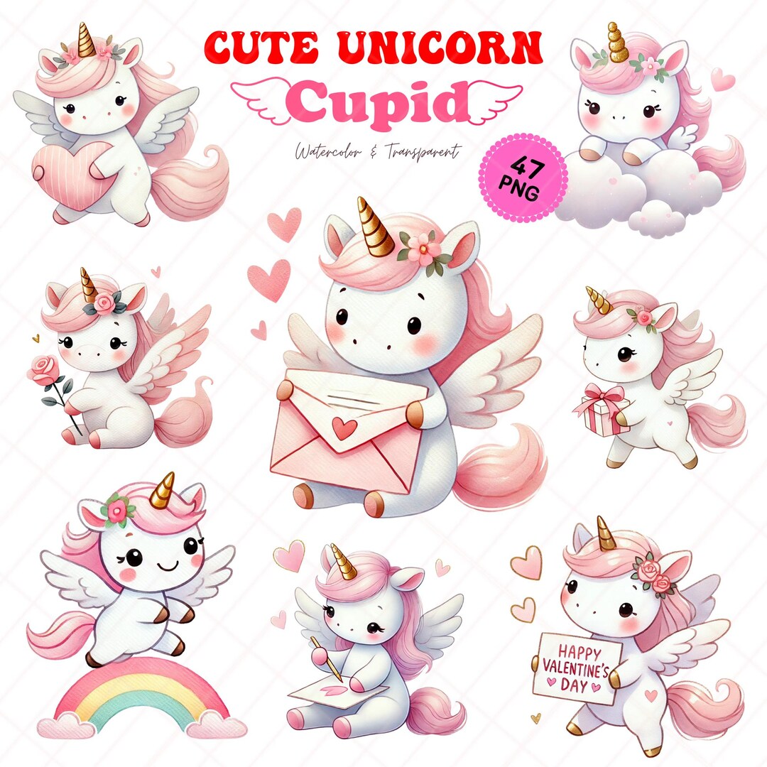 Valentine Unicorn Clipart Set: Cupid, Hearts, Rainbows (PNG, PDF) - Etsy