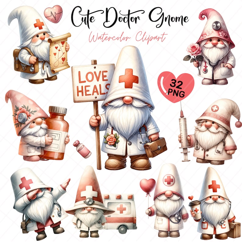 Cute Gnomes Doctor & Nurse Clipart Collection PNG, Healthcare Gnome ...
