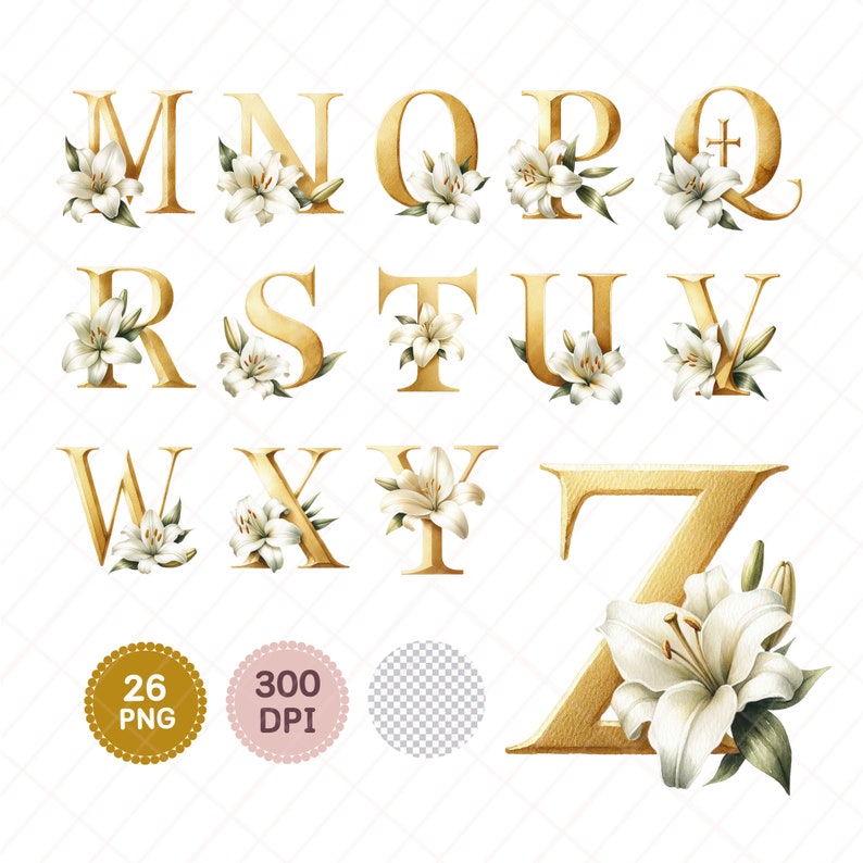 Watercolor Lily Floral Alphabet: Gold Monogram Clipart (300 Dpi) - Etsy