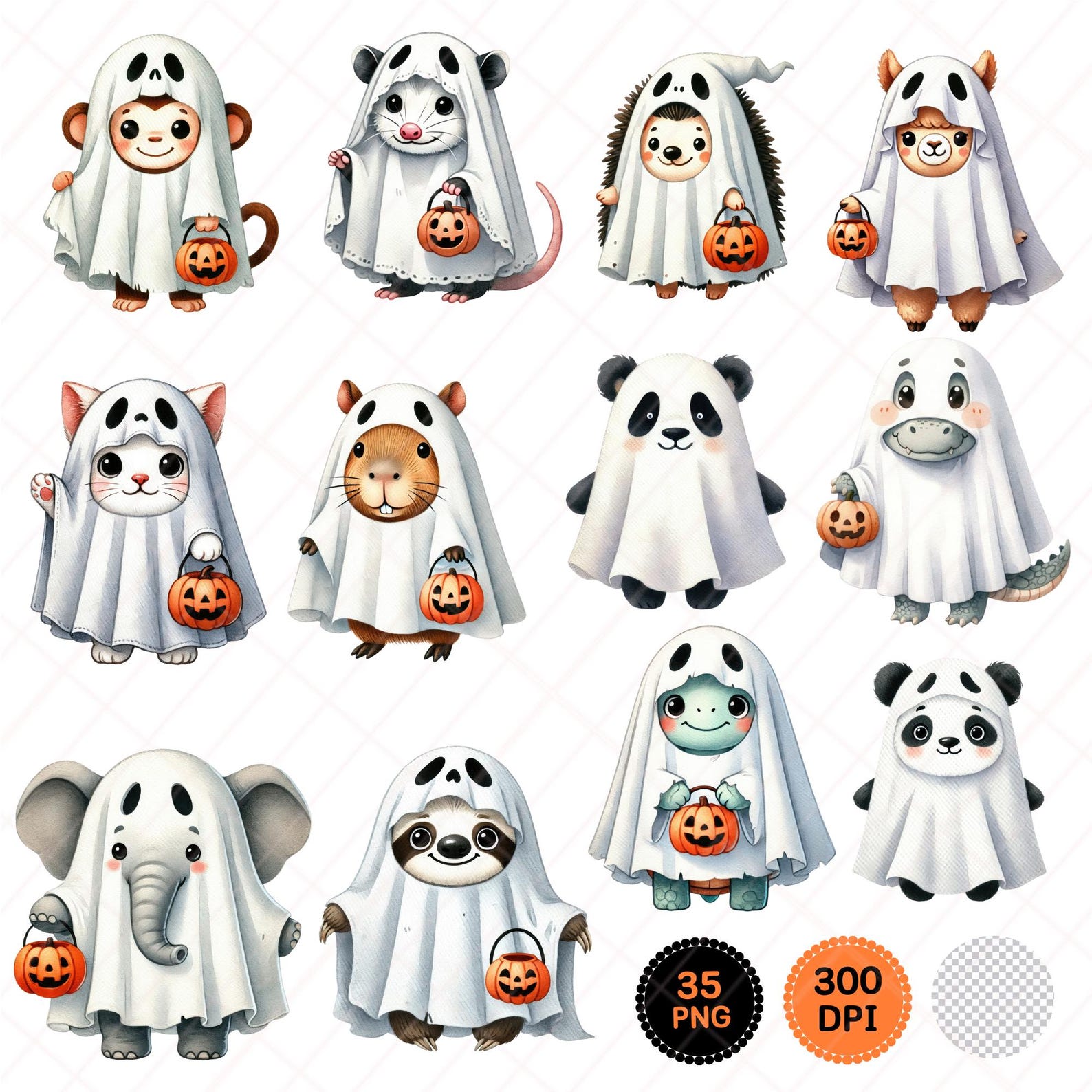 Adorable Animals in Ghost Costumes With Pumpkins Halloween Design, Cute ...
