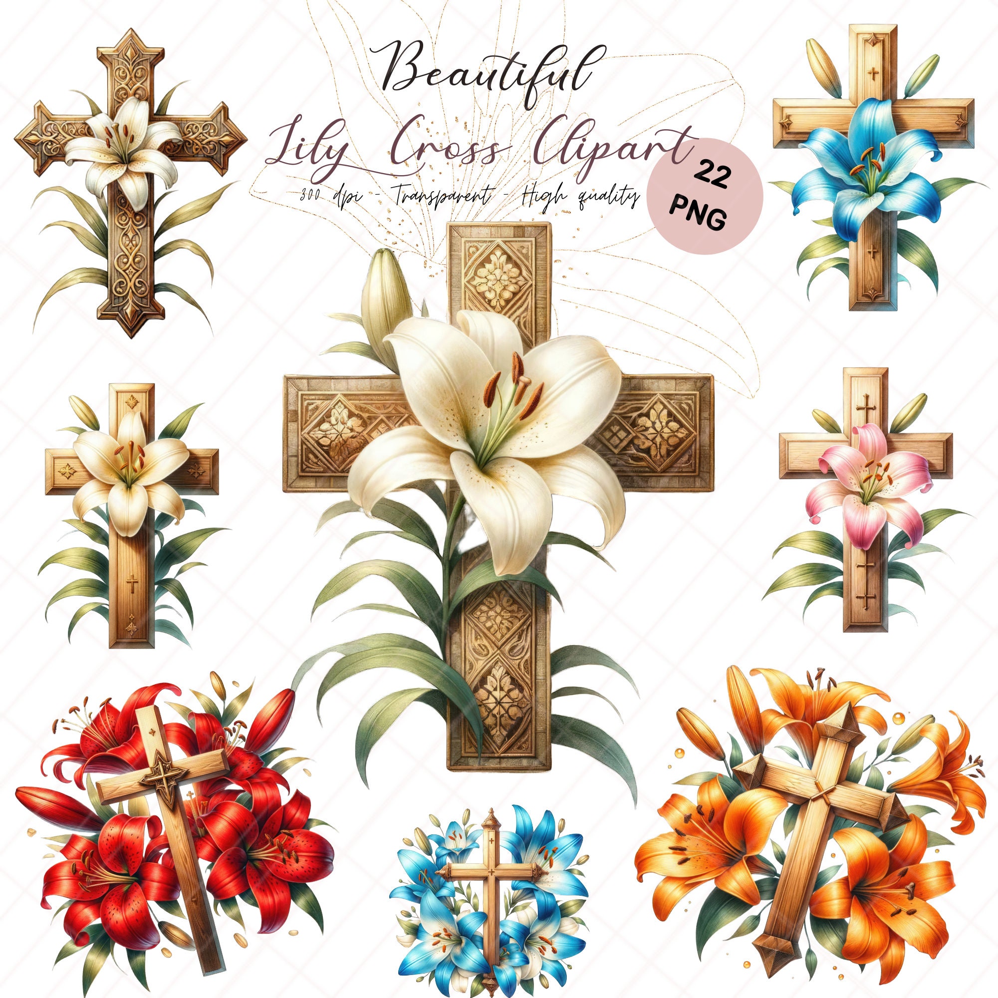 Floral Cross Clipart Bundle Lilies and Crosses Digital Art Set, Religious Symbols PNG, Christian ...