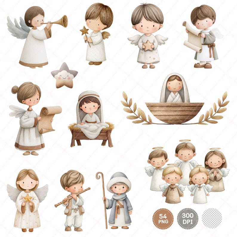Vintage Nativity Scene Watercolor Clipart: Baby Jesus, Mary, Joseph ...
