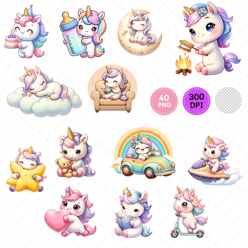 Adorable Unicorn Clipart Set, Cute Kawaii Unicorn Graphics for ...