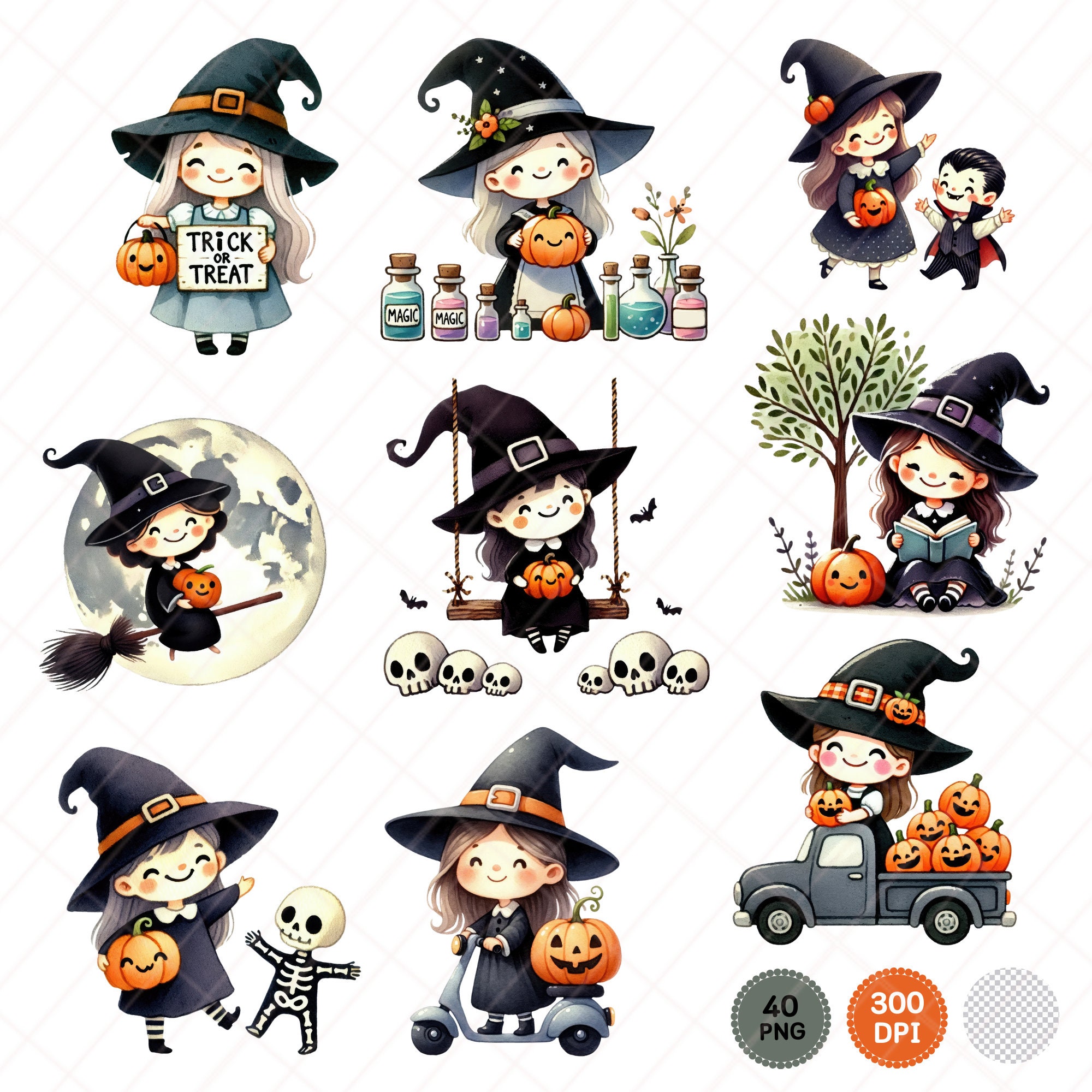 Cute Halloween Witch Clipart, Adorable Halloween Digital Stickers for ...