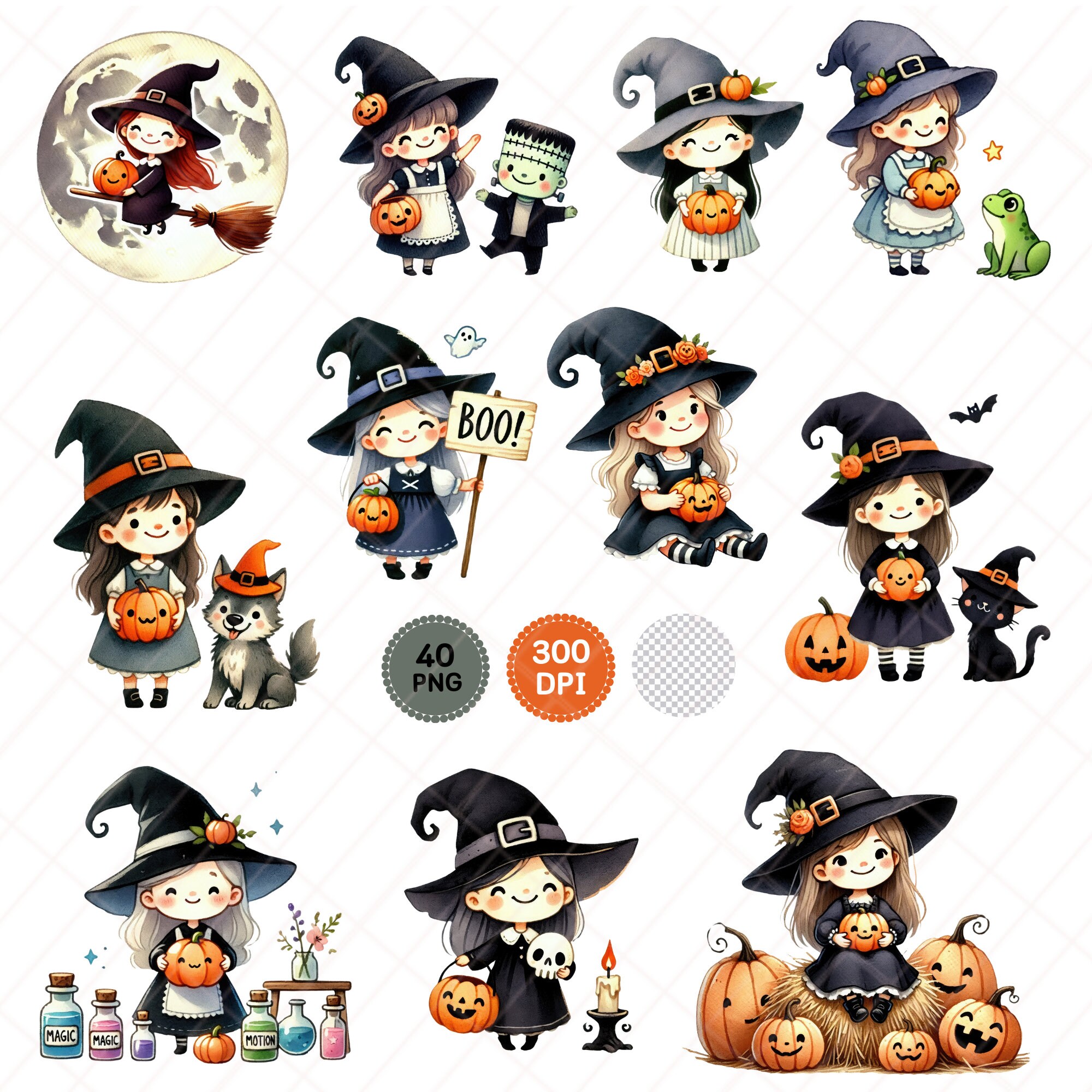 Cute Halloween Witch Clipart, Adorable Halloween Digital Stickers for ...