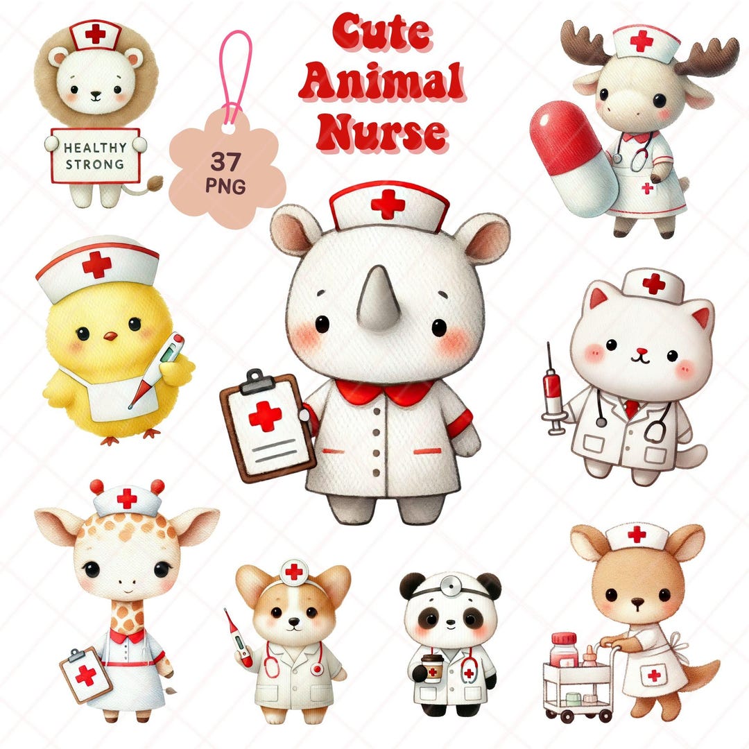 Kawaii Animal Nurse Clipart Bundle: Medical Theme PNG (300dpi) - Etsy