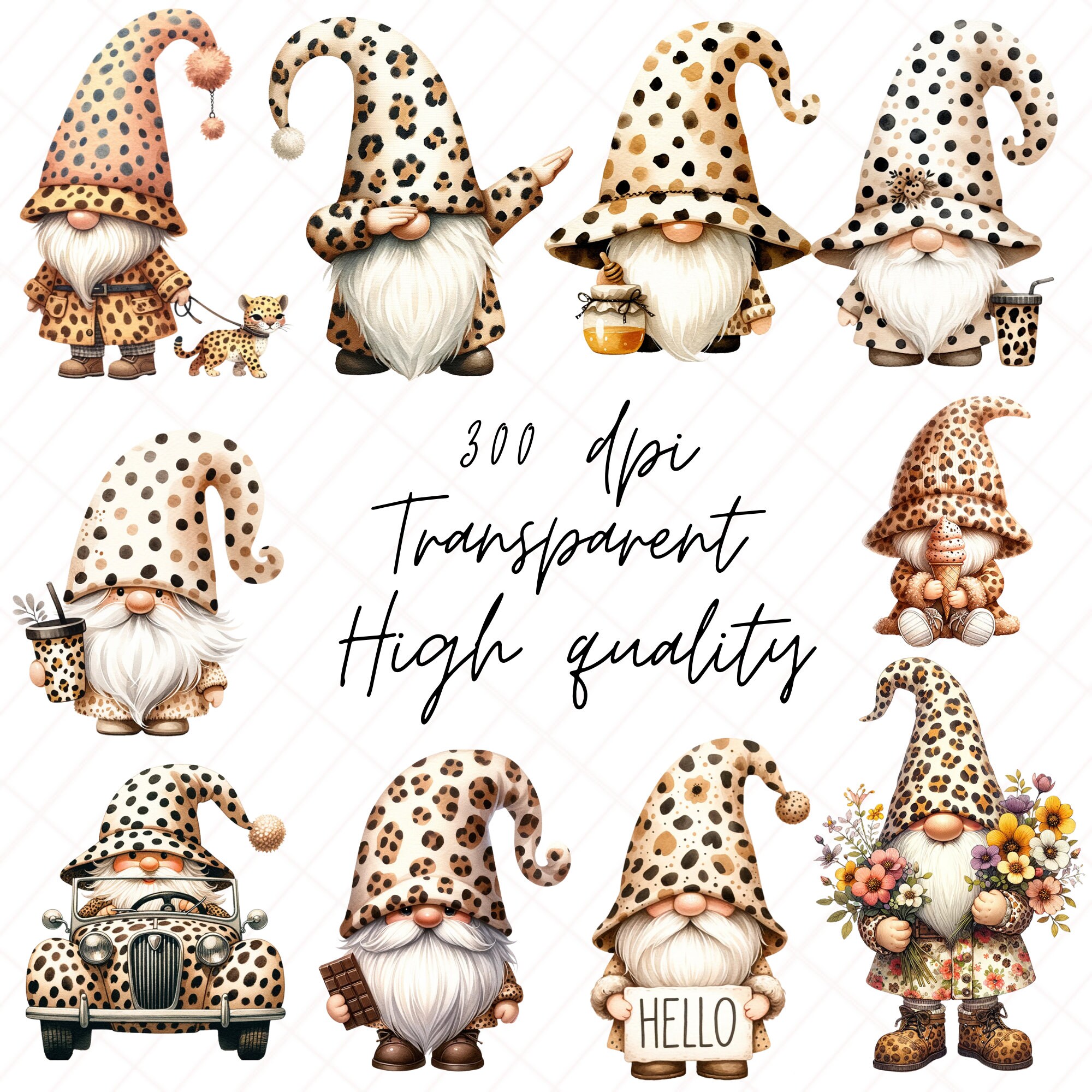 Leopard Gnome Clipart Set PNG, Transparent Background, High-quality 300 ...