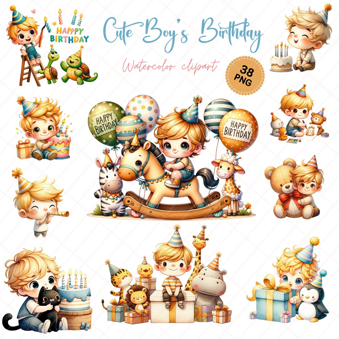 Cute Boy's Birthday Party Clipart Bundle for Invitations, Joyful ...