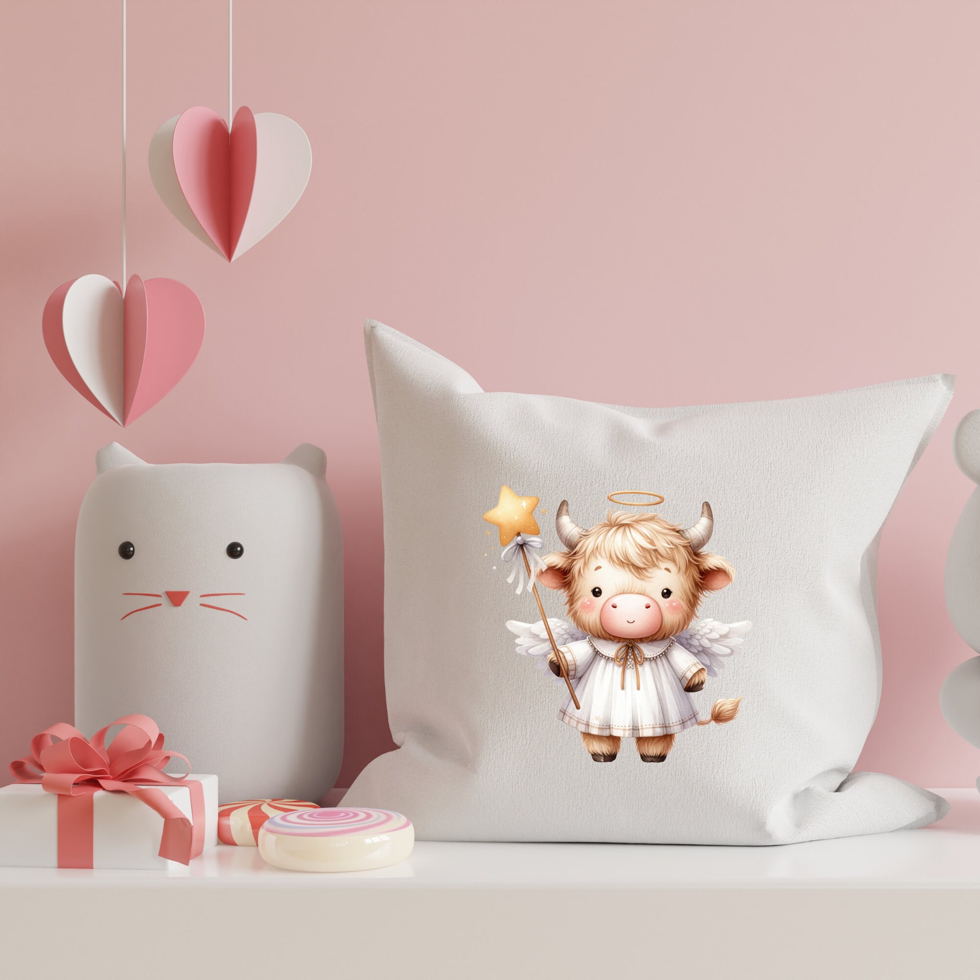 Cute Highland Angel Cow Clipart, Adorable Heifer in Heaven, Digital for ...