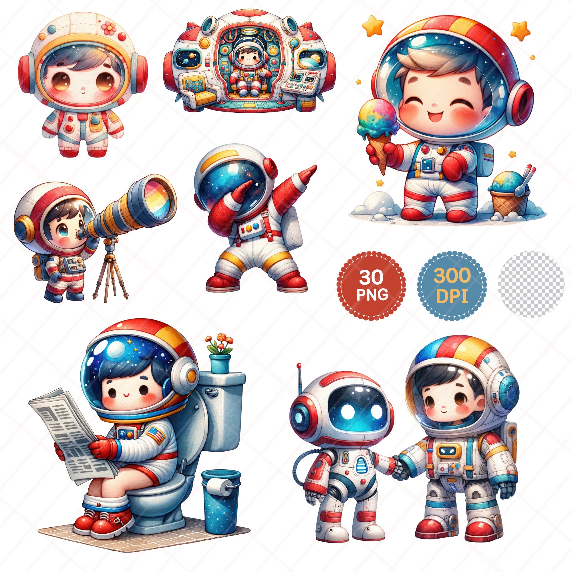 Adorable Astronaut and Robot Watercolor Clipart Set, Space Explorer ...