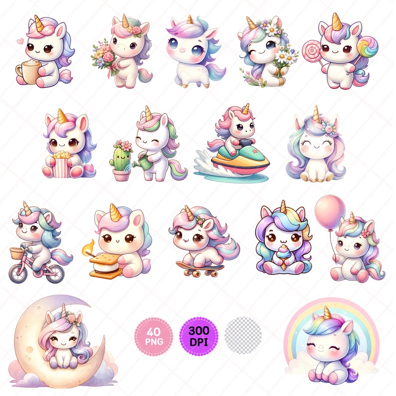 Adorable Unicorn Clipart Set, Cute Kawaii Unicorn Graphics for ...