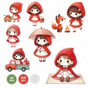 Little Red Riding Hood Clipart: Kawaii Woodland PNG Graphics (300DPI ...