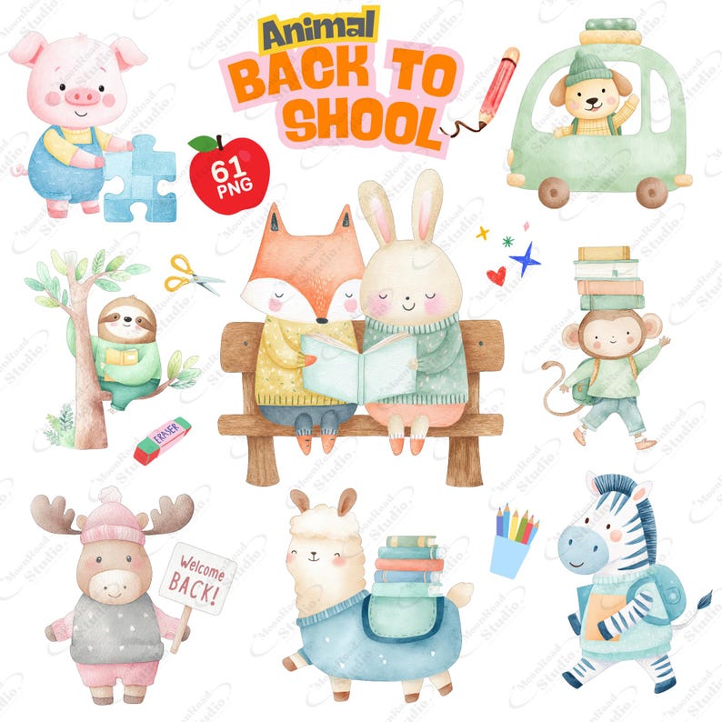 Watercolor Animal Back to School PNG Bundle - Clipart Set for Teachers ...