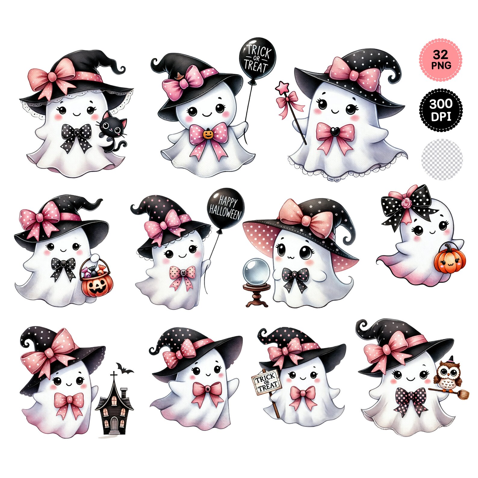 Ghost Halloween Clipart, Watercolor Kawaii Witch Hat Decals, PNG Spooky ...