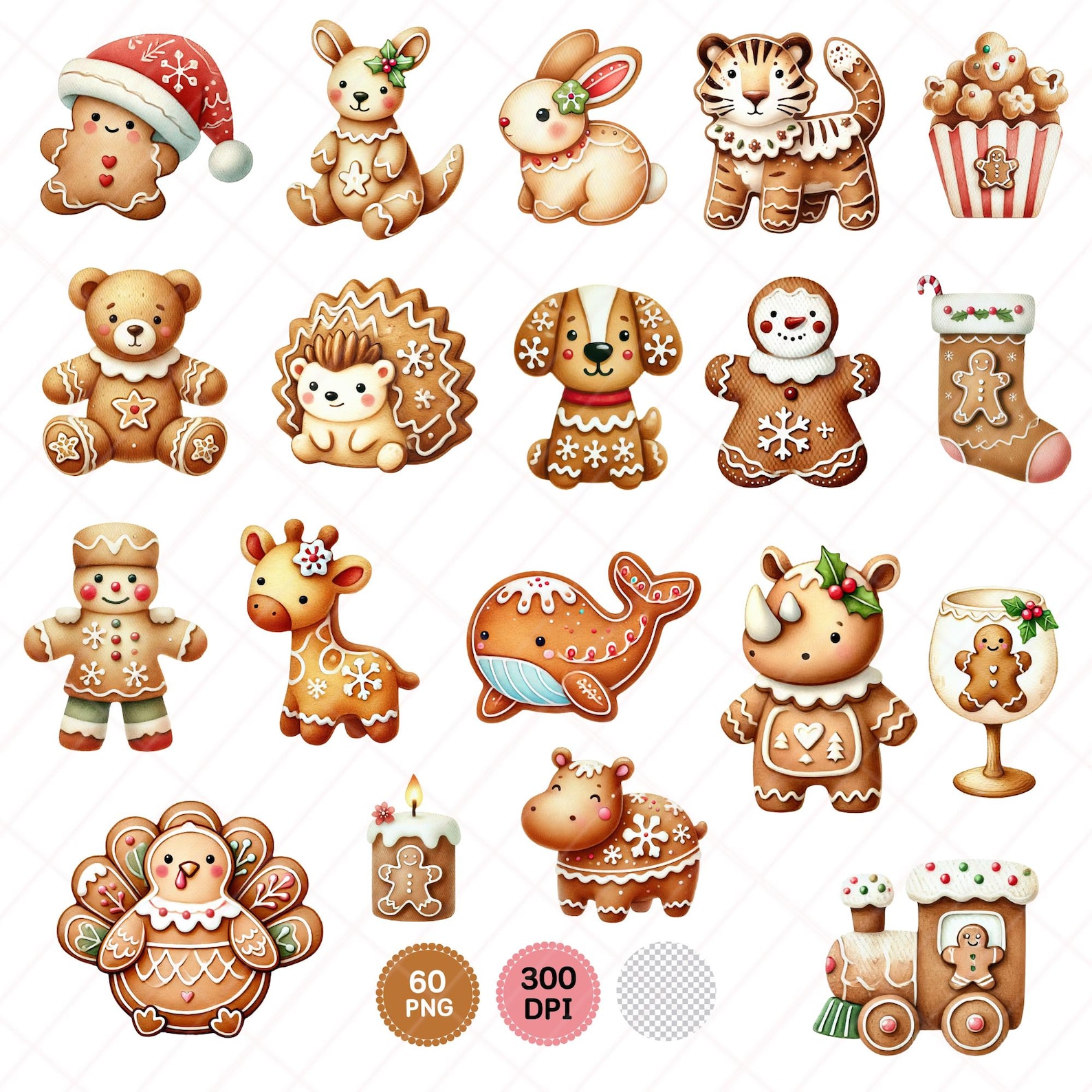 Cute Christmas Gingerbread Clipart Set, Kawaii Festive Animal Cookie ...