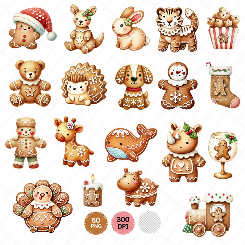 Cute Christmas Gingerbread Clipart Set, Kawaii Festive Animal Cookie ...