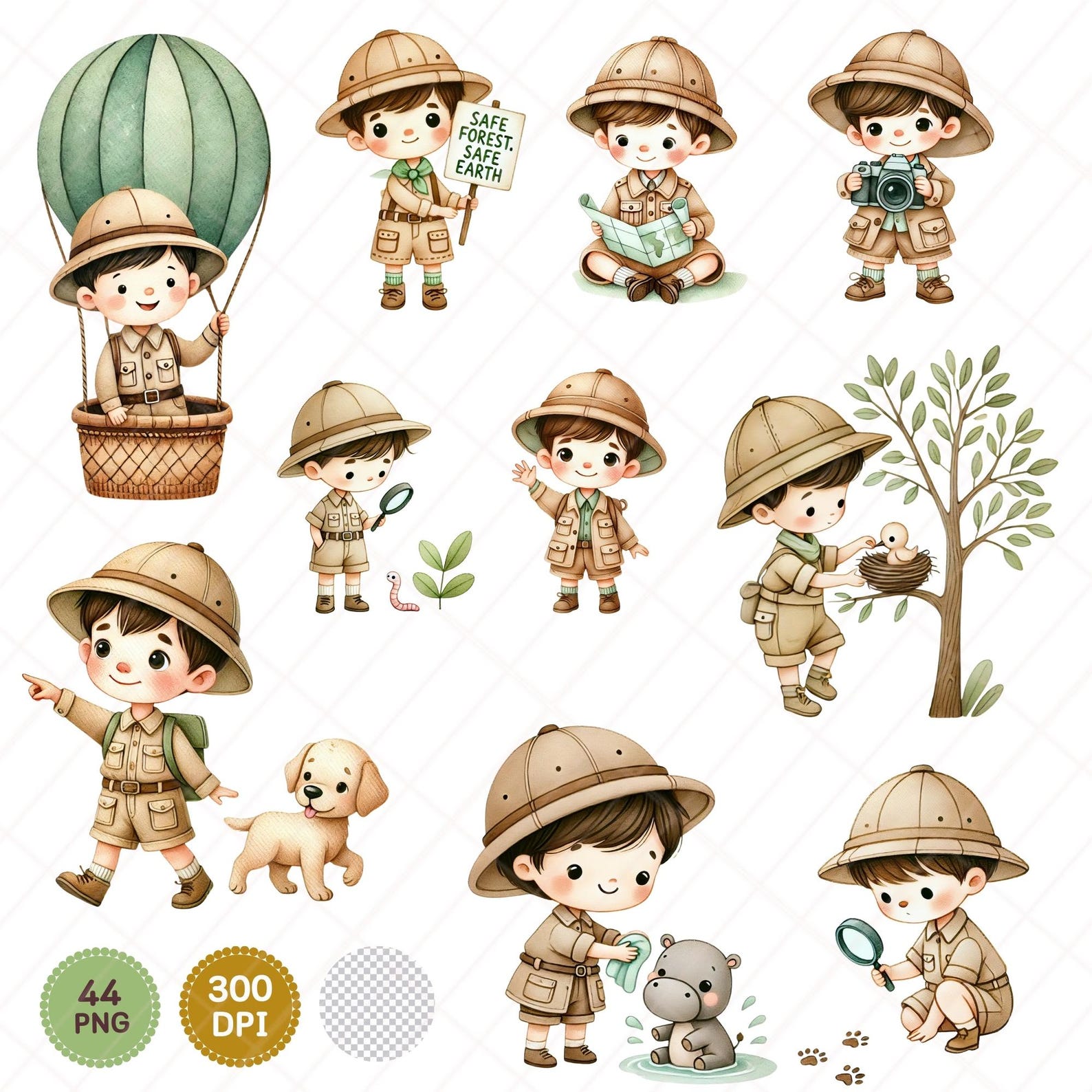 Cute Safari Explorer Clipart Set, Jungle Explorer Kids PNG, Safari ...