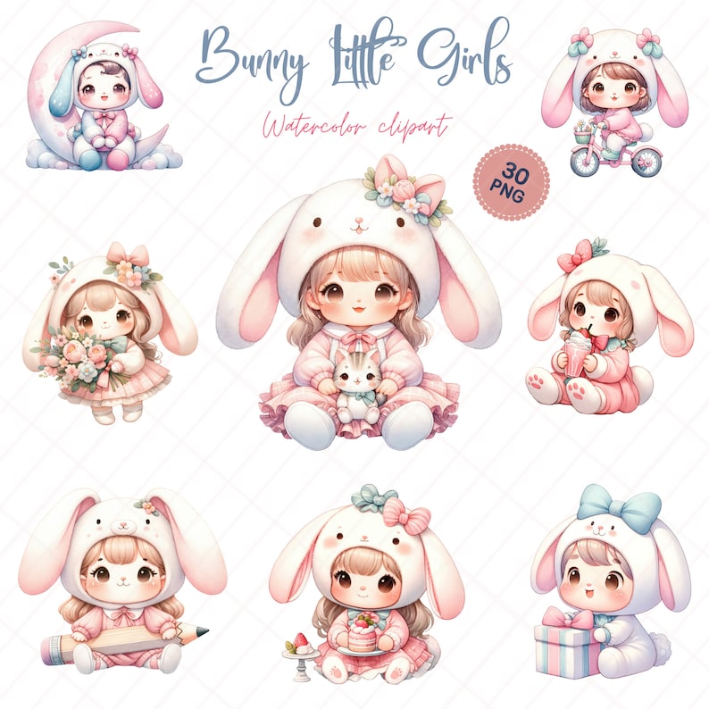 Bunny Girl Clipart: Kawaii Pastel Rabbit Illustrations (digital ...