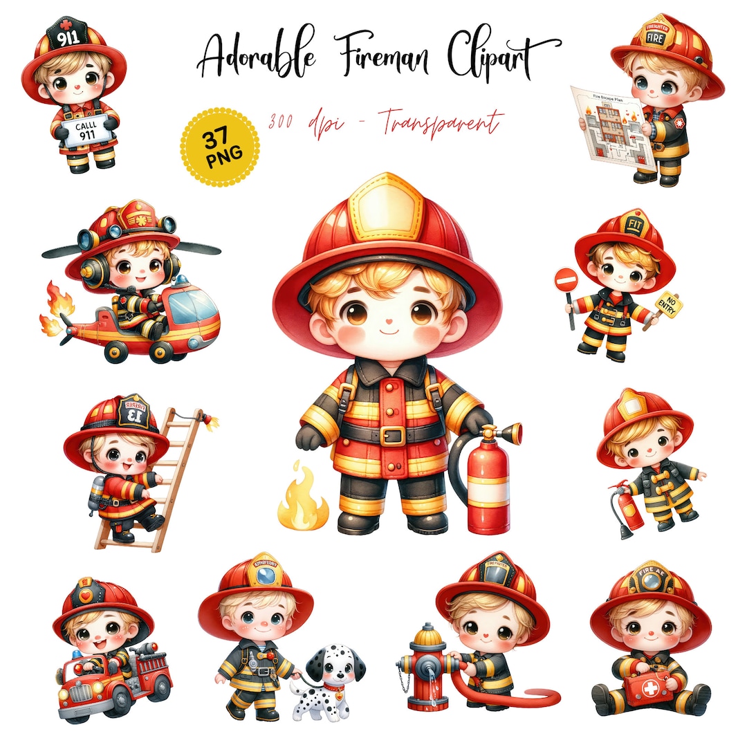 Adorable Firefighter Set Clipart, Fireman Nursery Decor, Kids Room Wall ...