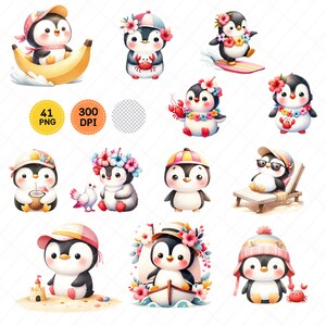 Summer Penguin Clipart, Cute Tropical Penguin Illustrations for ...