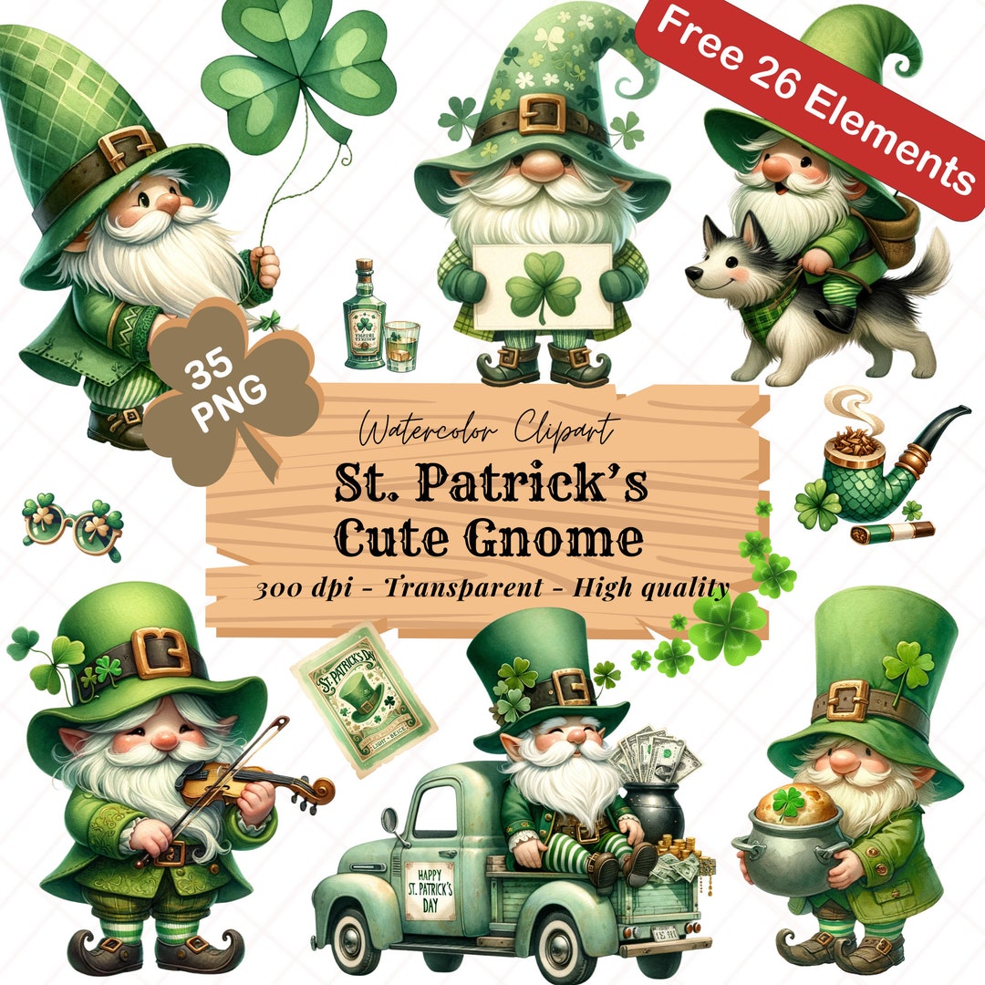 St. Patrick's Cute Green Gnome PNG, Lucky Charm Gnome With Shamrocks ...