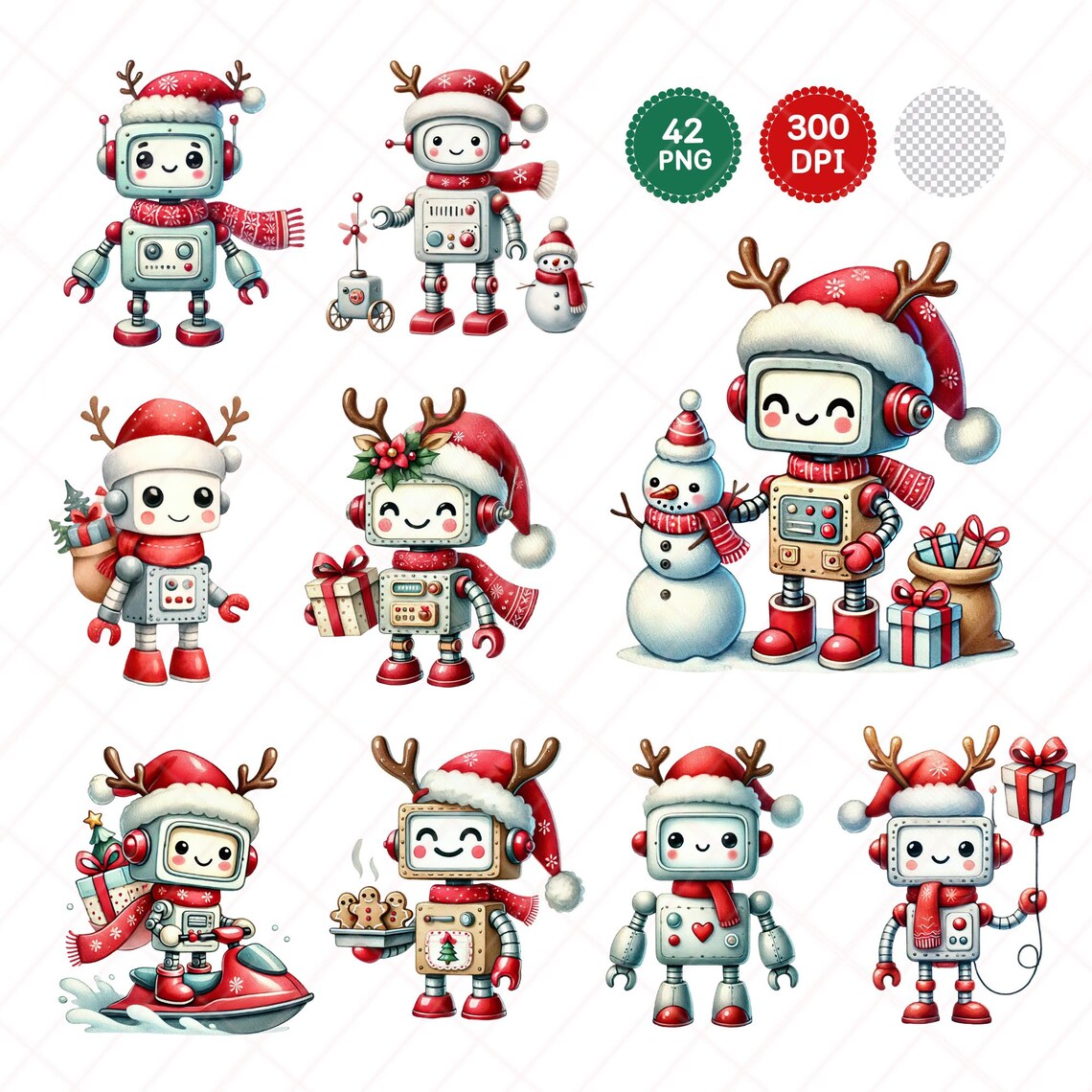 Christmas Robot Clipart Set: Santa Hats, Reindeer Antlers (PDF File) - Etsy
