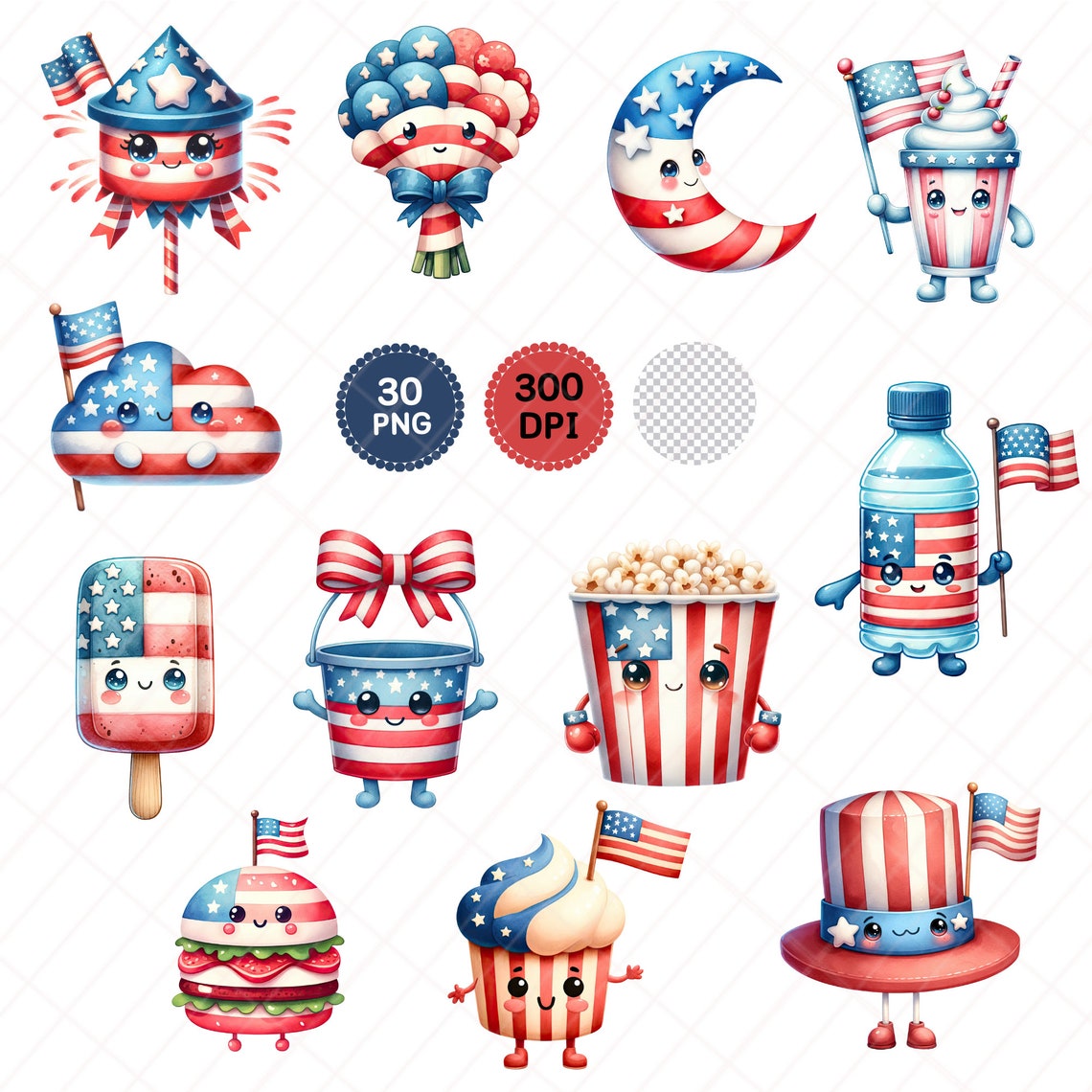 Patriotic Kawaii Clipart Bundle Cute 4th of July Digital Stickers ...
