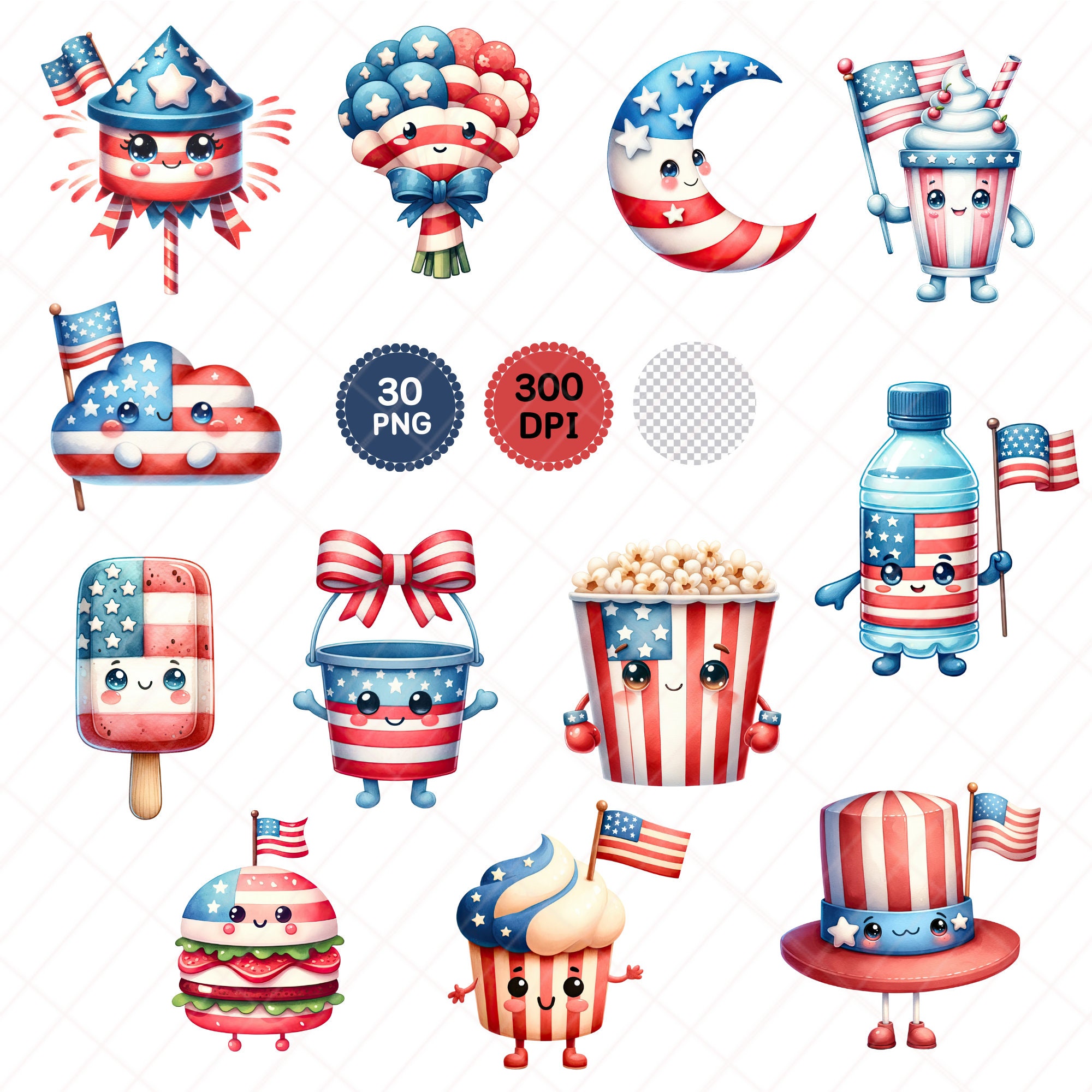 Patriotic Kawaii Clipart Bundle Cute 4th of July Digital Stickers ...