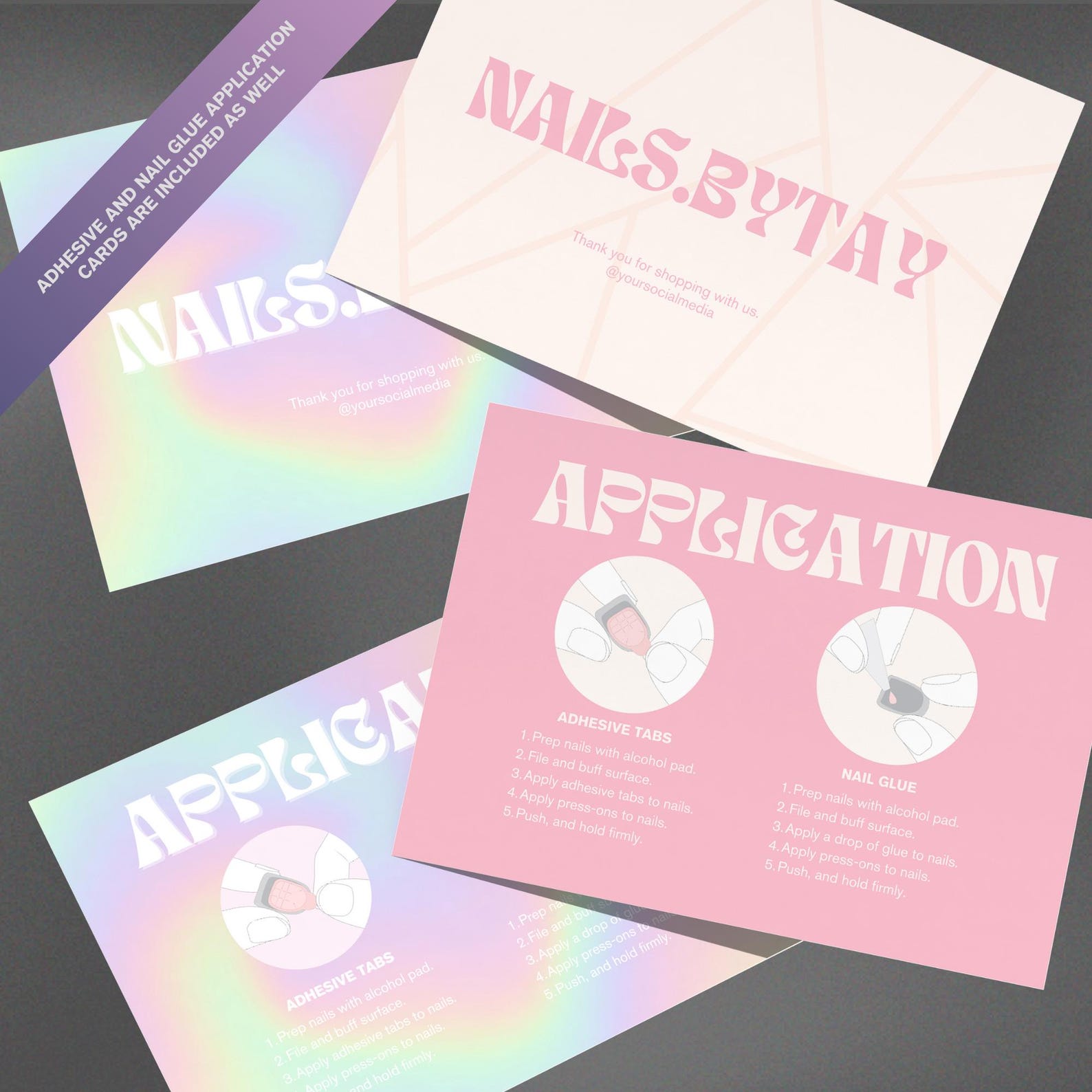 Press on Nail Card Bundle, Editable Holographic Press on Packaging ...