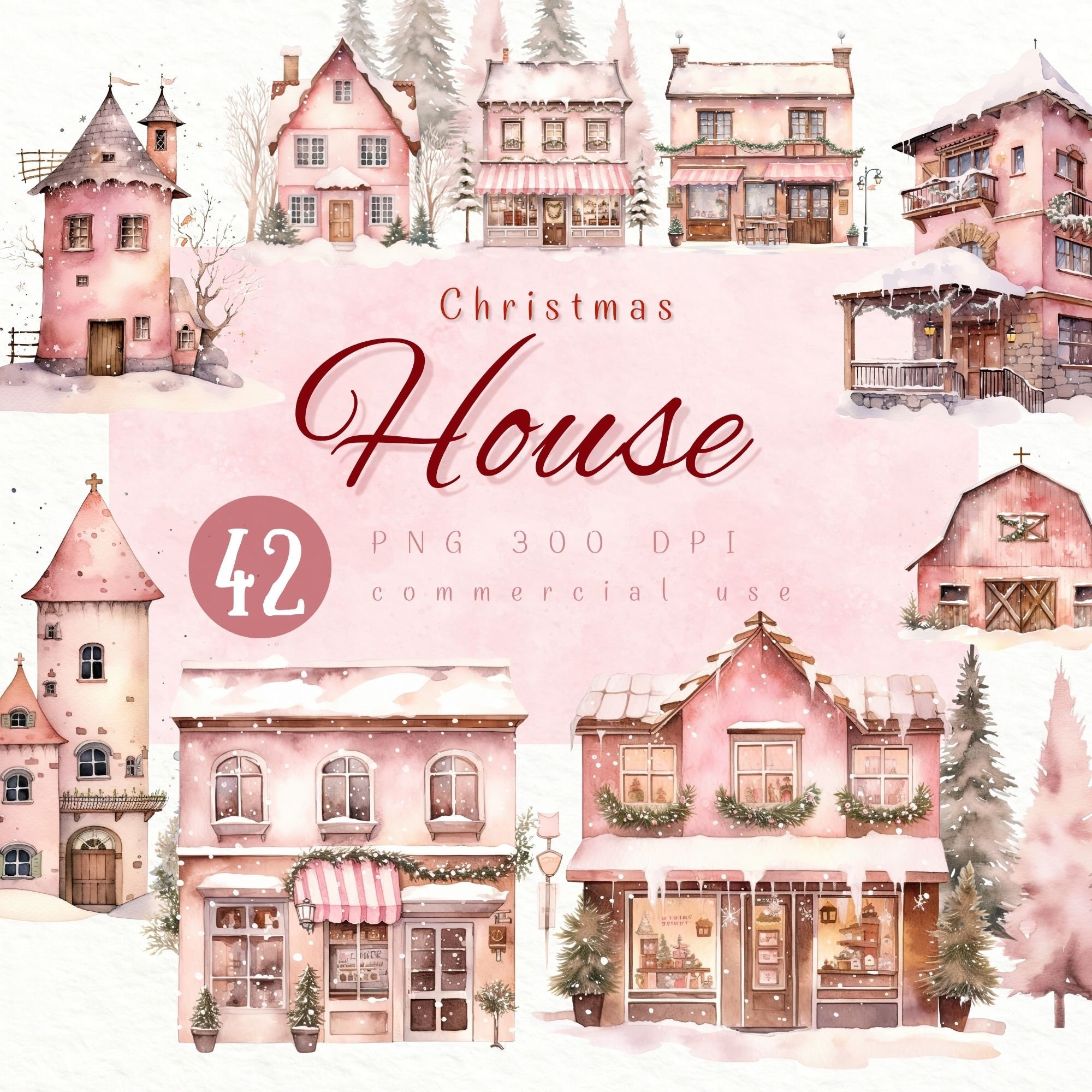 Christmas House Clipart, Watercolor Merry Christmas Cottage Houses ...