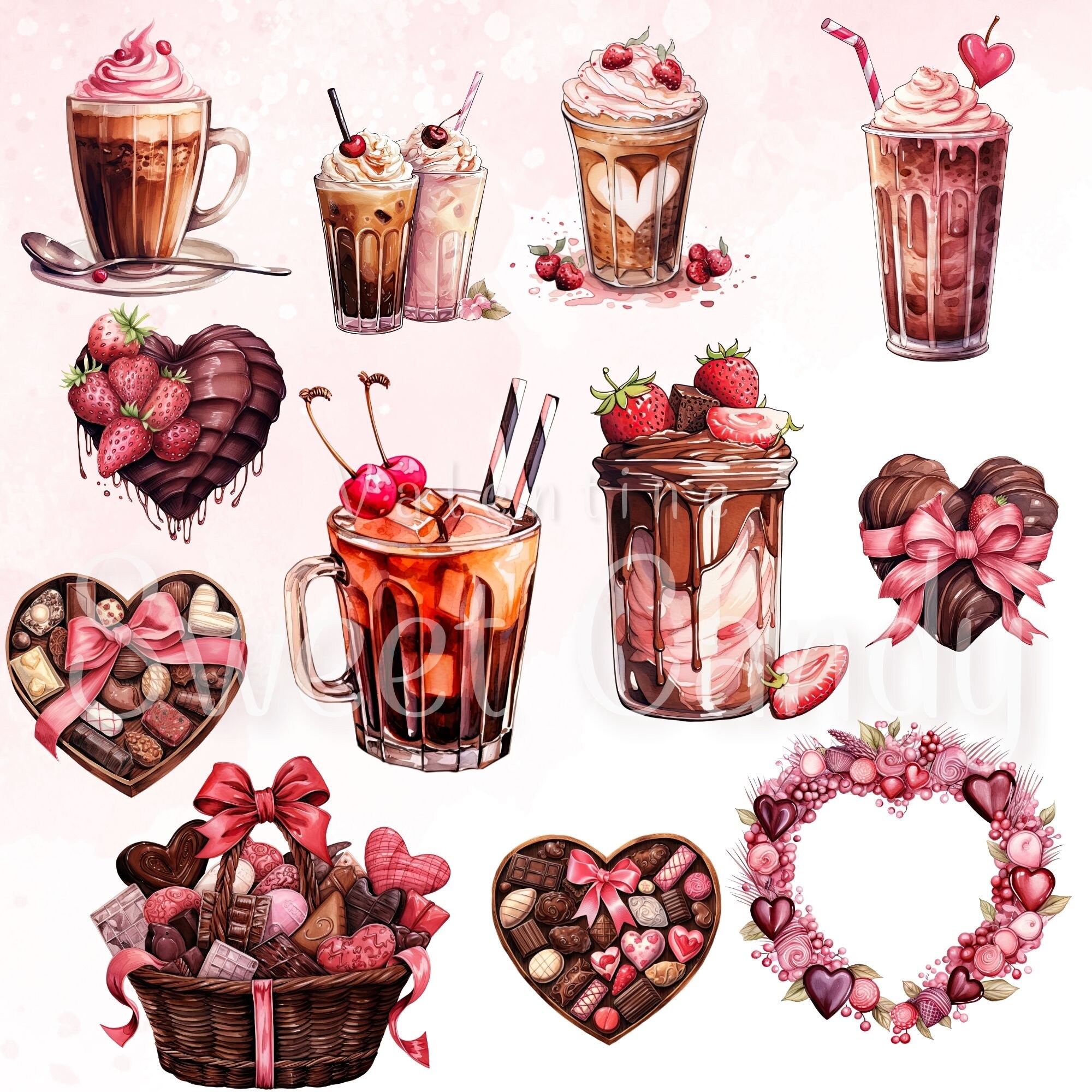 Watercolor Sweet Valentine Day Clipart, 44 PNG Valentine Clipart, Candy ...