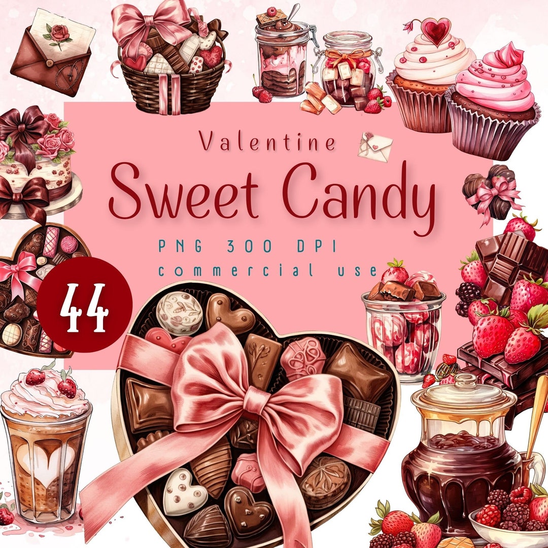 Watercolor Sweet Valentine Day Clipart, 44 PNG Valentine Clipart, Candy ...