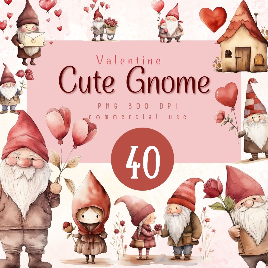 Watercolor Valentine Gnomes Clipart, 40 PNG Gnome Clipart, Valentine ...