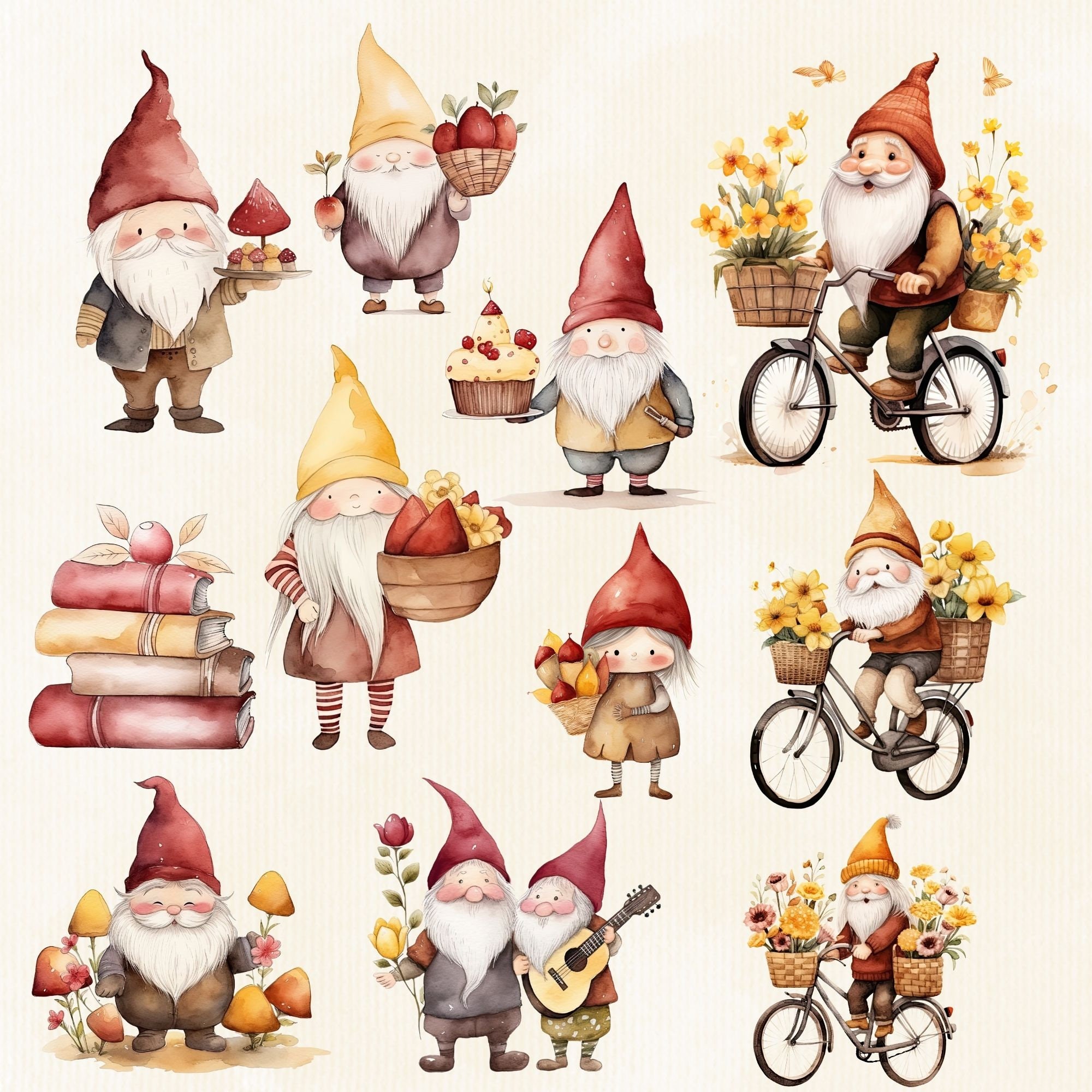 Watercolor Spring Gnome Clipart PNG Sublimation, Yellow Gnome Village ...