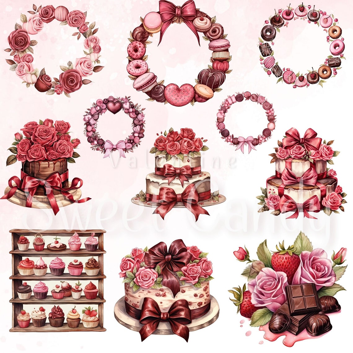 Watercolor Sweet Valentine Day Clipart, 44 PNG Valentine Clipart, Candy ...