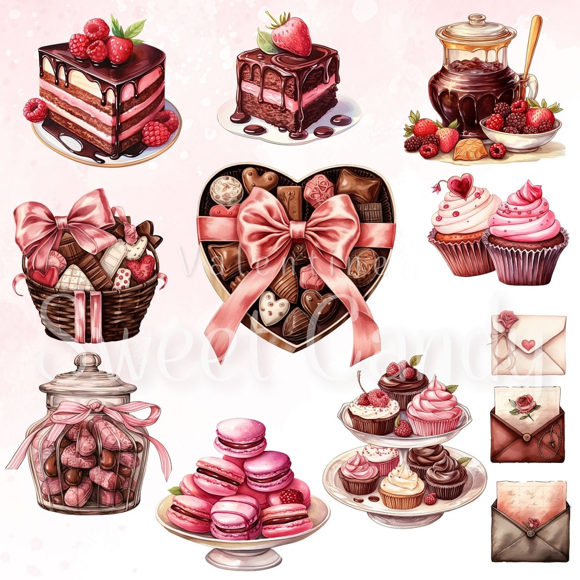 Watercolor Sweet Valentine Day Clipart, 44 PNG Valentine Clipart, Candy ...