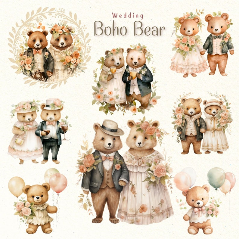 Watercolor Teddy Bear Wedding Clipart PNG, Romantic Boho Bear Couple ...