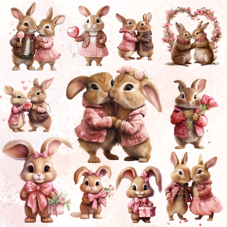 Love Bunny Valentine Watercolor Clipart, 50 PNG High Quality, Valentine ...