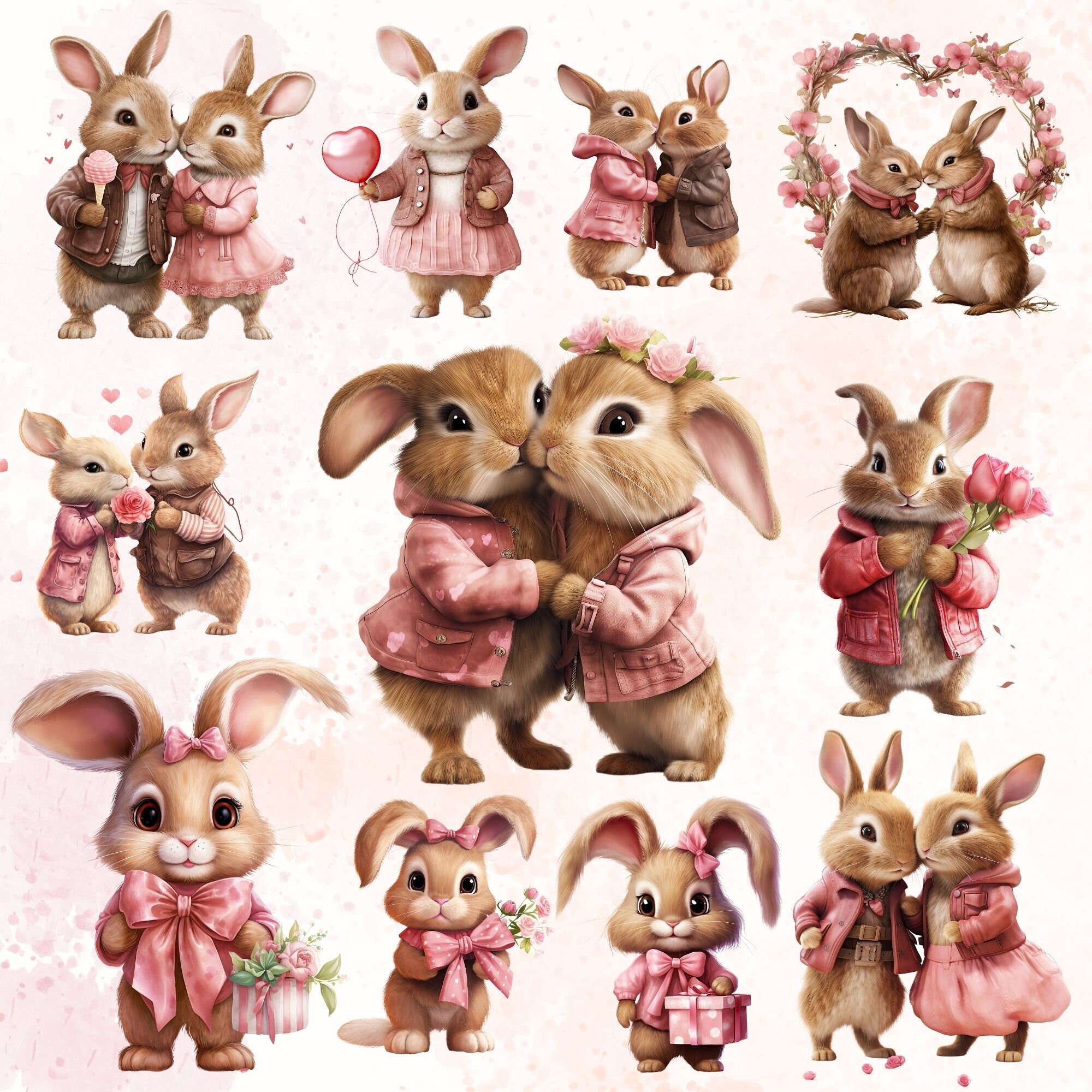 Love Bunny Valentine Watercolor Clipart, 50 PNG High Quality, Valentine ...