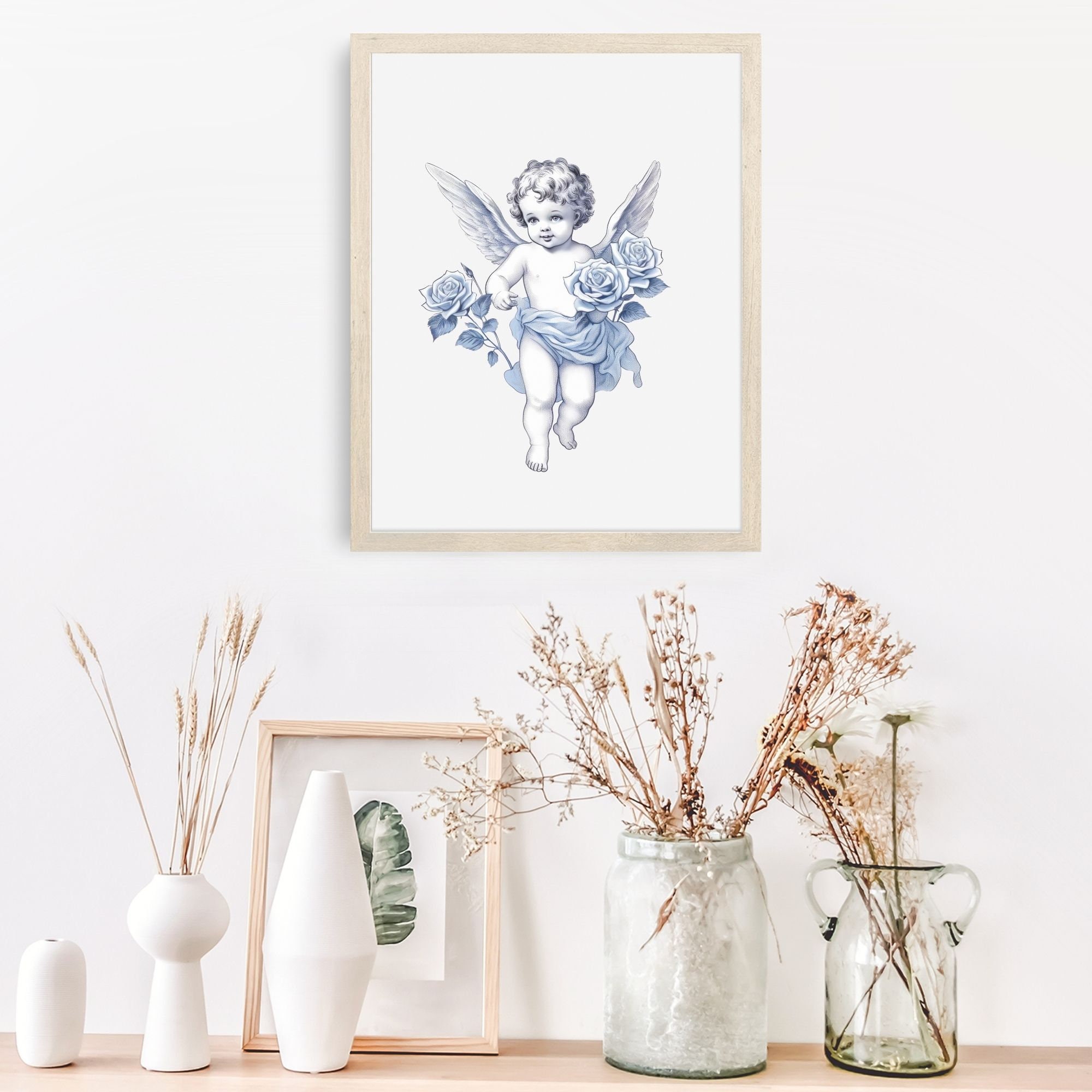 Cute Hand Drawn Blue Cherubs Cupids Clipart, Line Art Angel ...